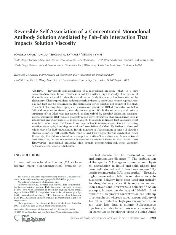 (PDF) Reversible self-association of a concentrated monoclonal antibody ...