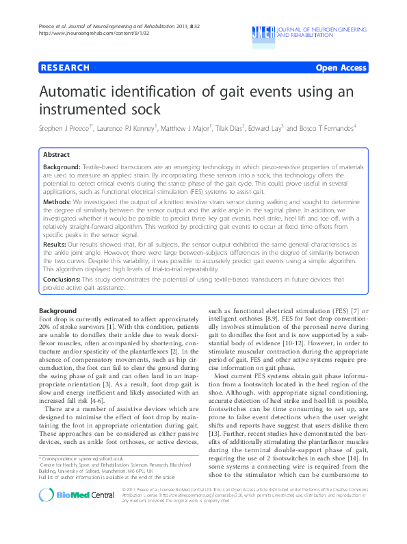 Pdf Automatic Identification Of Gait Events Using An Instrumented Sock Laurence Kenney And 7125
