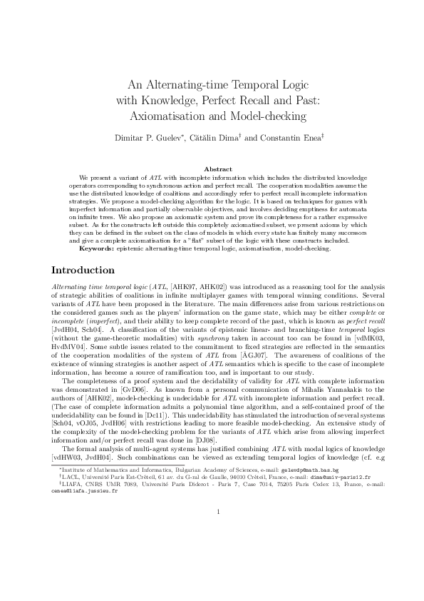 (PDF) An Alternating-time Temporal Logic with Knowledge, Perfect Recall and Past: Axiomatisation ...