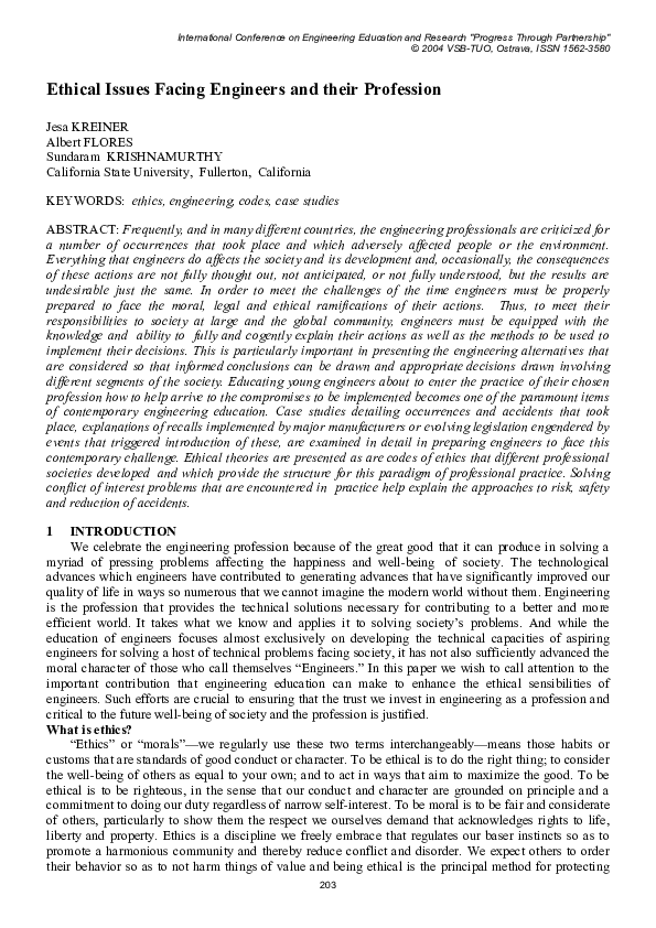 (PDF) Ethical Issues Facing Engineers and their Profession