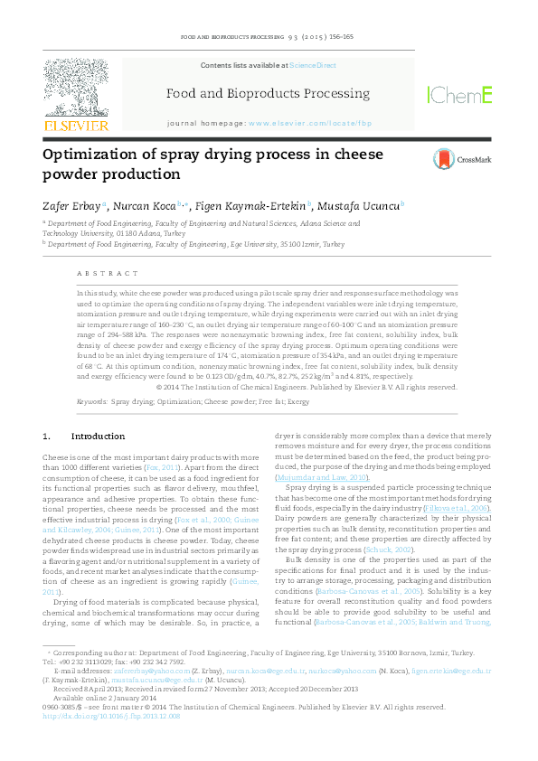 Pdf Optimization Of Spray Drying Process In Cheese Powder Production
