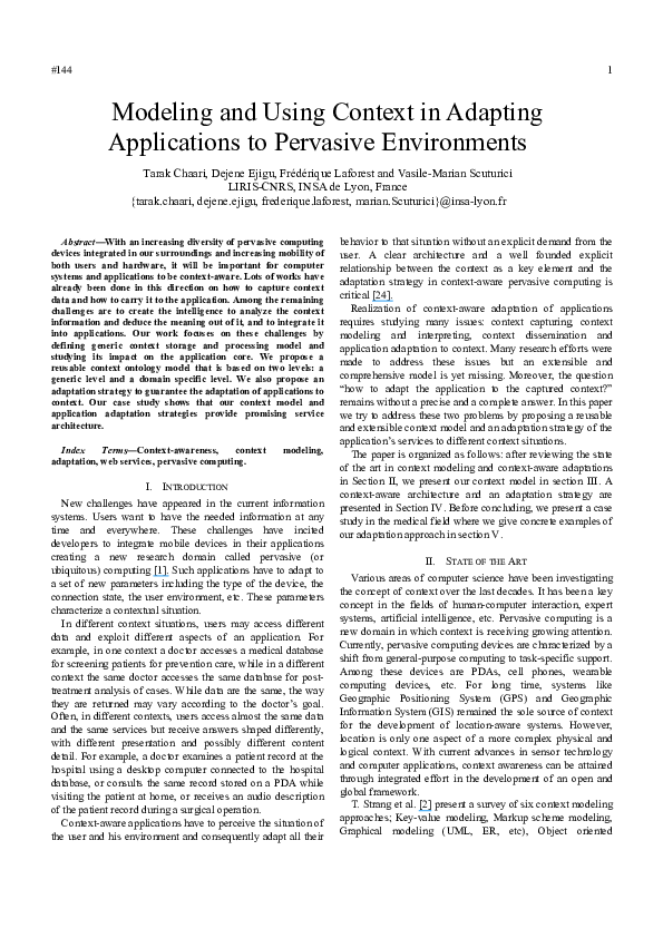 (PDF) Modeling and Using Context in Adapting Applications to Pervasive Environments | Vasile ...