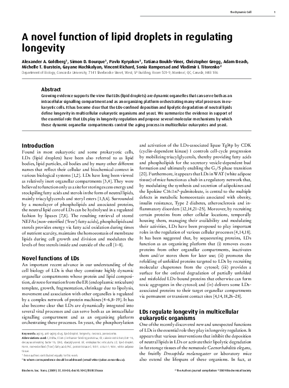 (PDF) A novel function of lipid droplets in regulating longevity