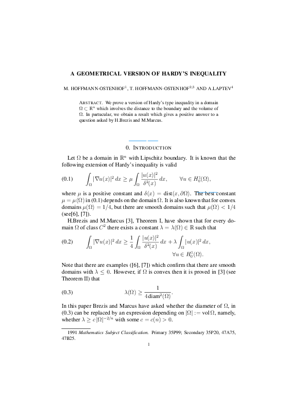 (PDF) A Geometrical Version of Hardy's Inequality
