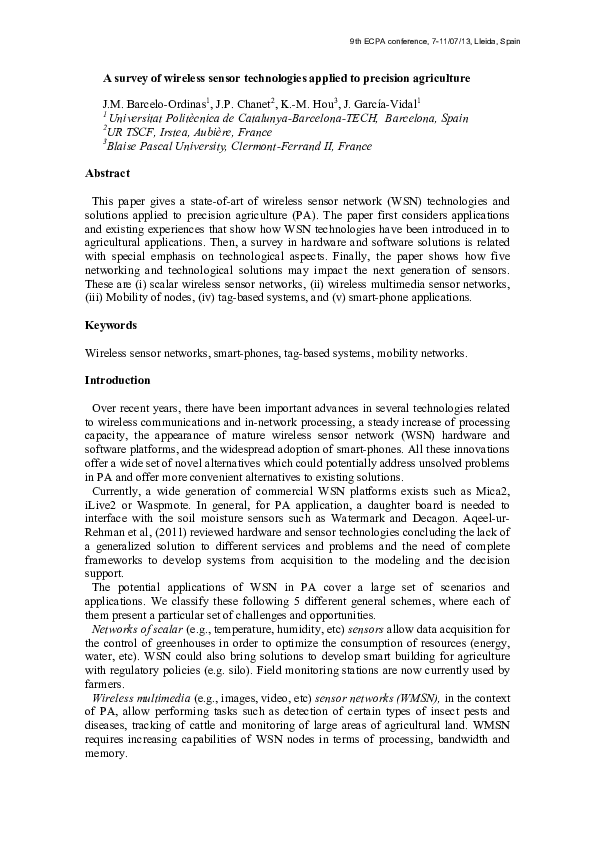 Pdf A Survey Of Wireless Sensor Technologies Applied To Precision Agriculture