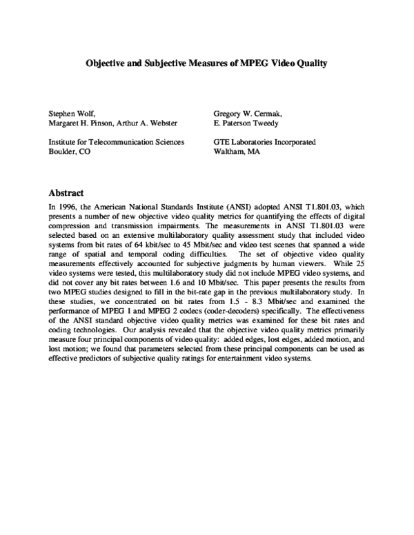 (PDF) Objective and subjective measures of MPEG video quality