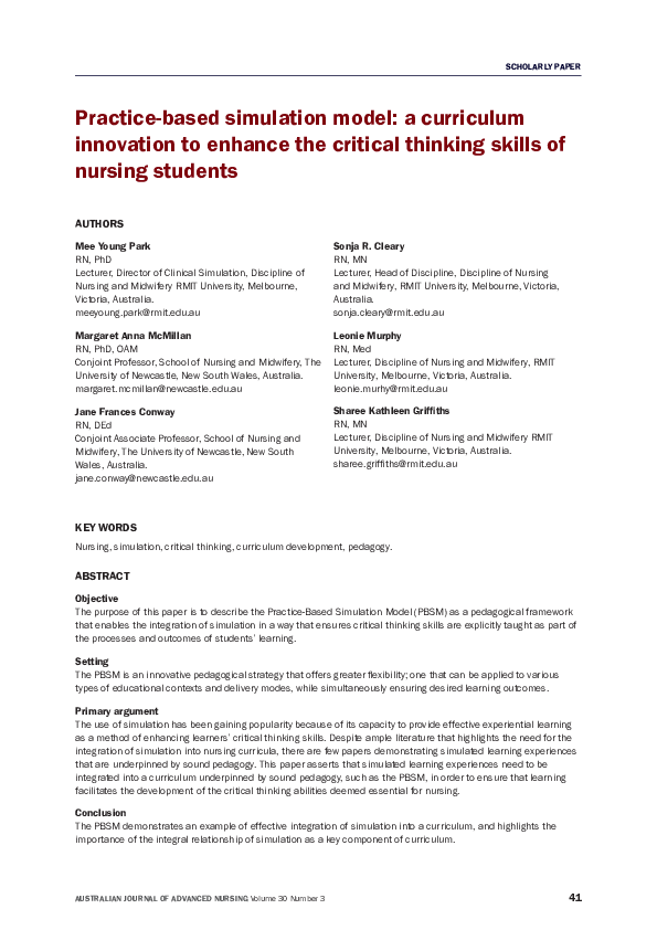 (PDF) Practice-based simulation model: a curriculum innovation to enhance the critical thinking ...