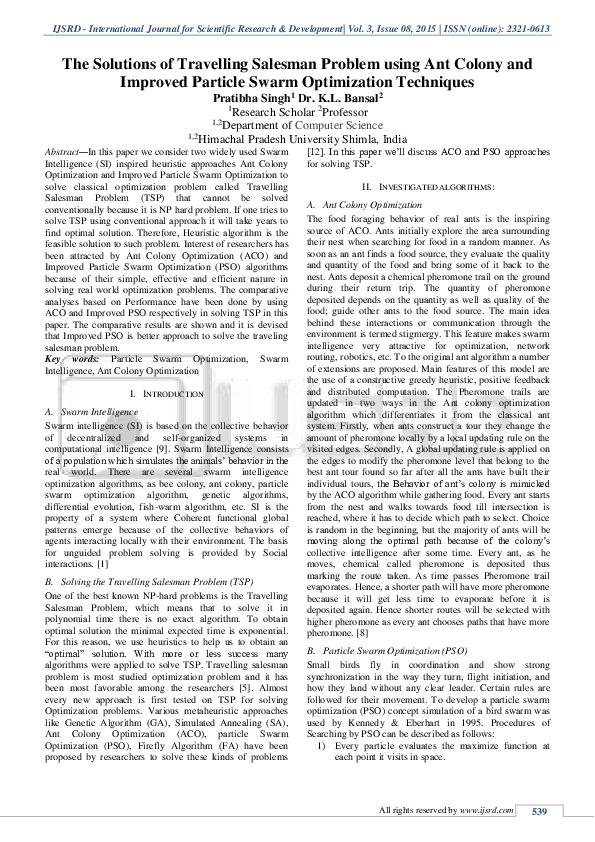 Pdf The Solutions Of Travelling Salesman Problem Using Ant Colony And Improved Particle Swarm