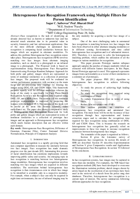 Pdf Heterogeneous Face Recognition Framework Using Multiple Filters For Person Identification