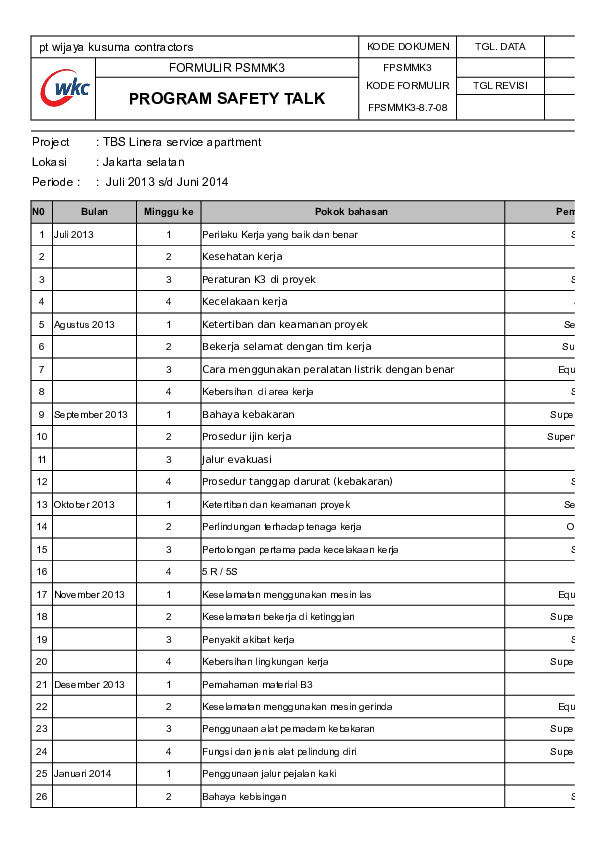 (XLS) Safety Talk Program