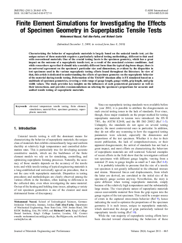 Pdf Finite Element Simulations For Investigating The Effects Of Specimen Geometry In