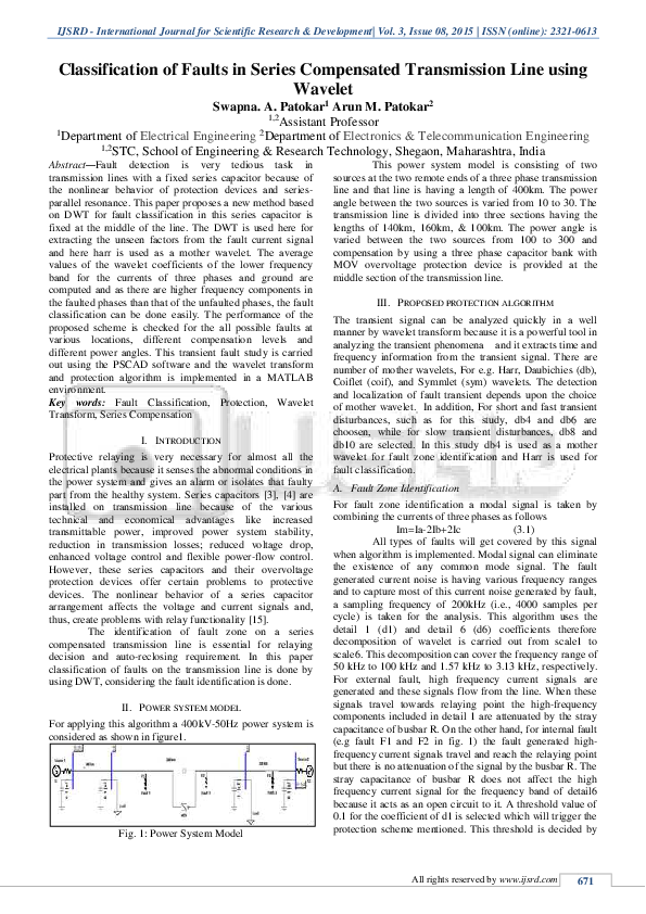 Pdf Classification Of Faults In Series Compensated Transmission Line Using Wavelet Ijsrd