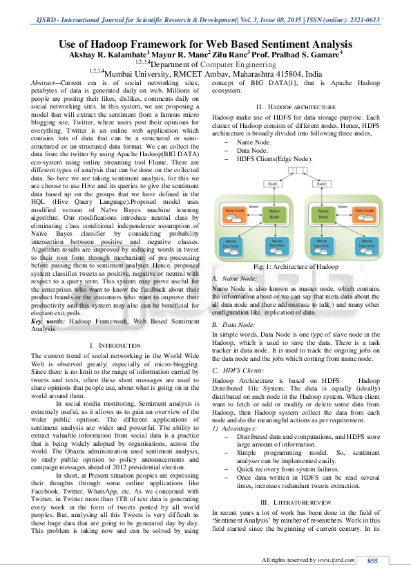 Pdf Use Of Hadoop Framework For Web Based Sentiment Analysis Ijsrd Journal