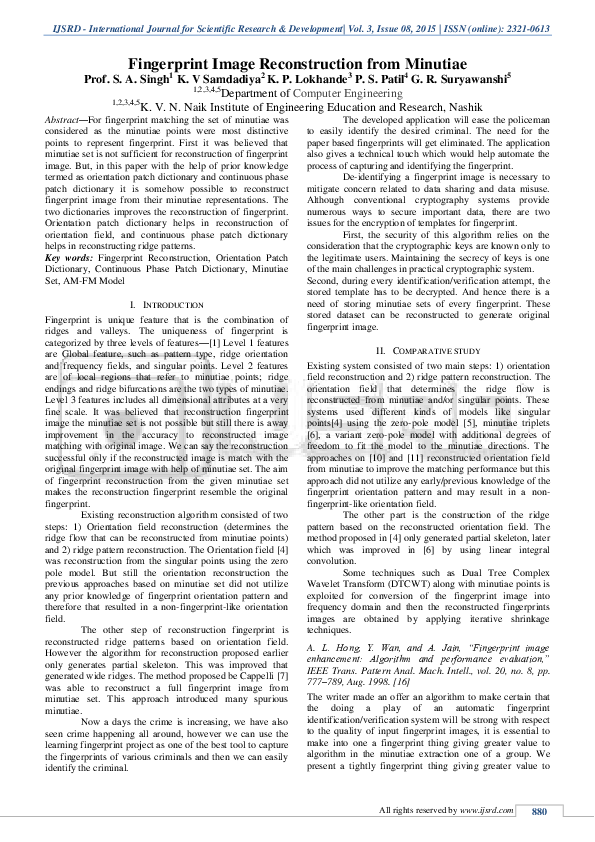 (PDF) Fingerprint Image Reconstruction from Minutiae