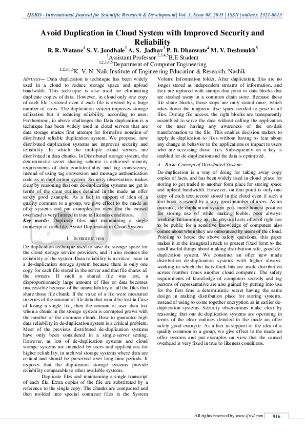 (PDF) Avoid duplication in cloud system with improved security and reliability