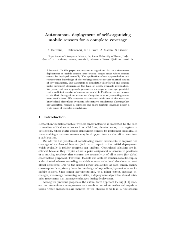 Pdf Autonomous Deployment Of Self Organizing Mobile Sensors For A Complete Coverage