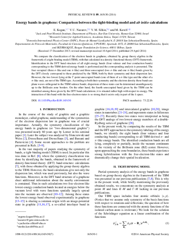 (PDF) Energy bands in graphene: Comparison between the tight-binding model and ab initio ...