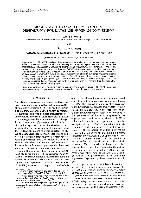 (PDF) Modeling the CODASYL DML context dependency for database program conversion