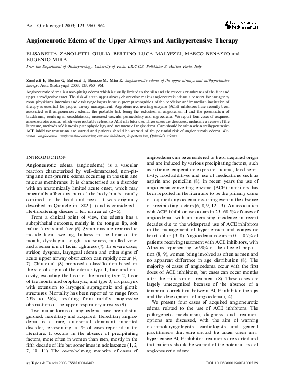(PDF) Angioneurotic Edema of the Upper Airways and Antihypertensive Therapy