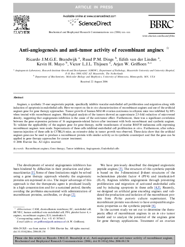 (PDF) Anti-angiogenesis and anti-tumor activity of recombinant anginex