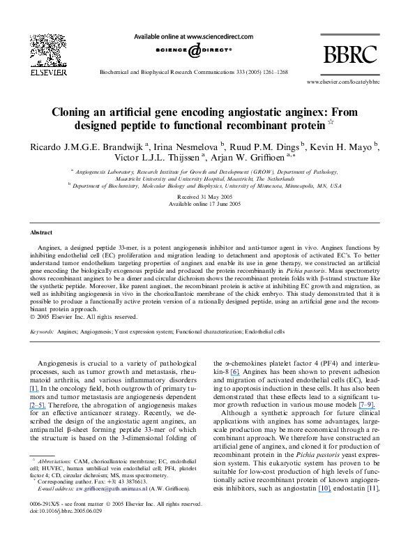 (PDF) Cloning an artificial gene encoding angiostatic anginex: From ...