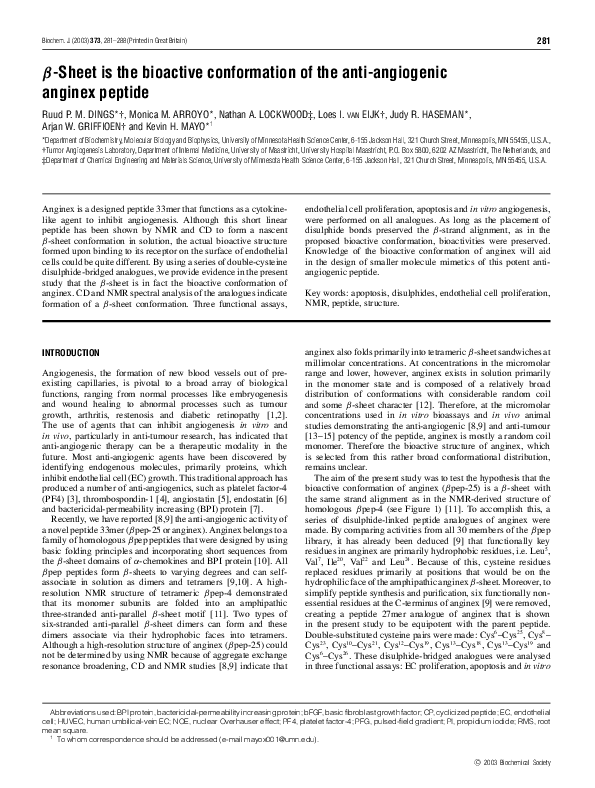 (PDF) β-Sheet is the bioactive conformation of the anti-angiogenic ...
