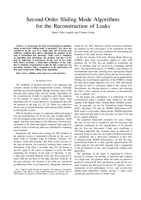 (PDF) Second-order sliding mode algorithms for the reconstruction of leaks