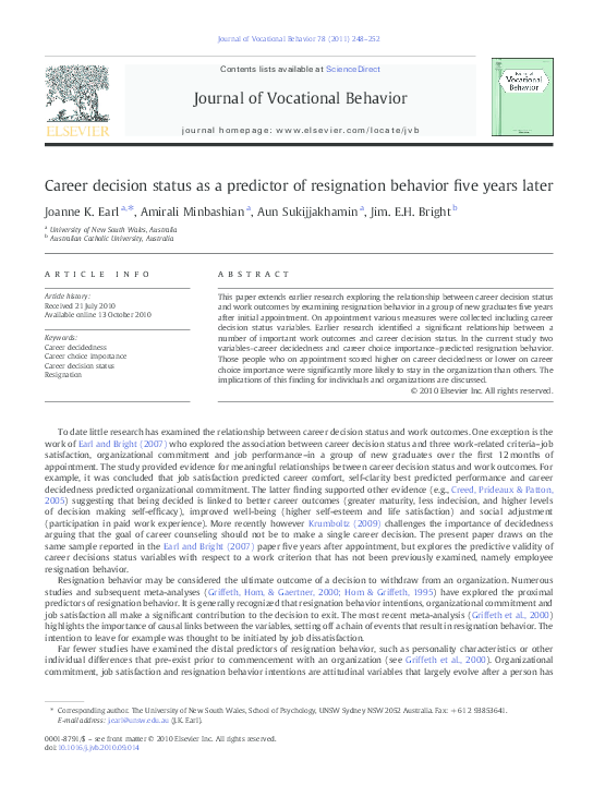 (PDF) Career decision status as a predictor of resignation behavior ...