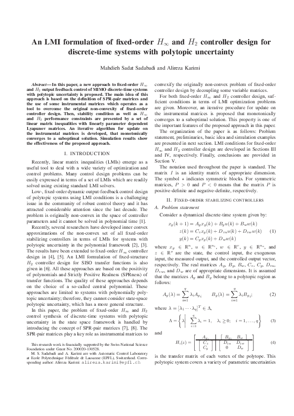 (PDF) An LMI formulation of fixed-order H ∞ and H 2 controller design for discrete-time systems ...