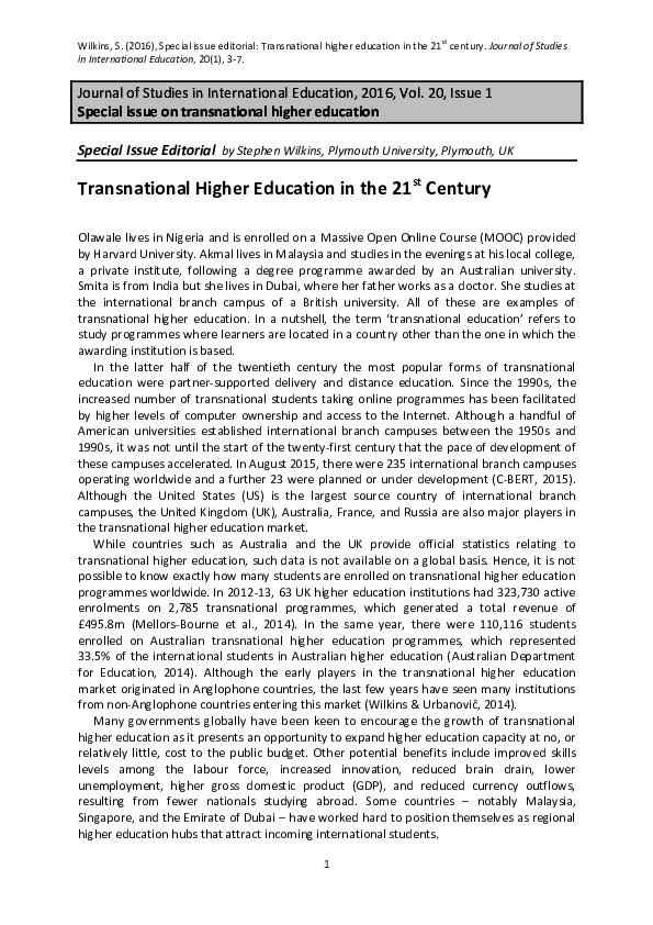 Pdf Special Issue Editorial Transnational Higher Education In The 21st Century