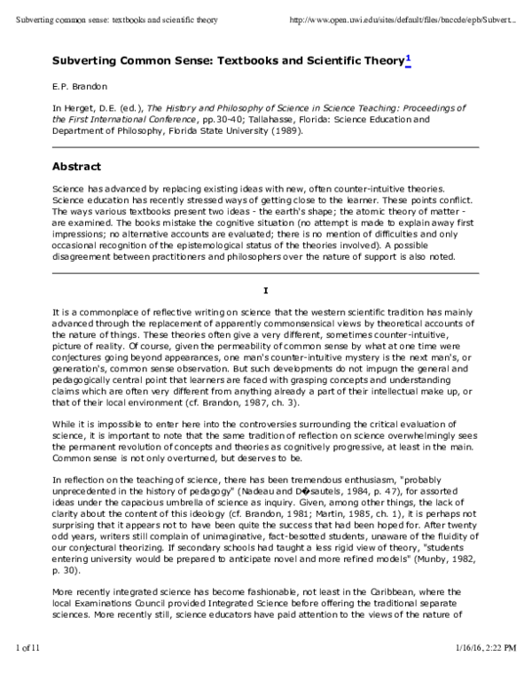 (PDF) Subverting Common Sense: Text-books and Scientific Theory