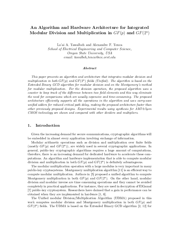 (PDF) An algorithm and hardware architecture for integrated modular division and multiplication ...