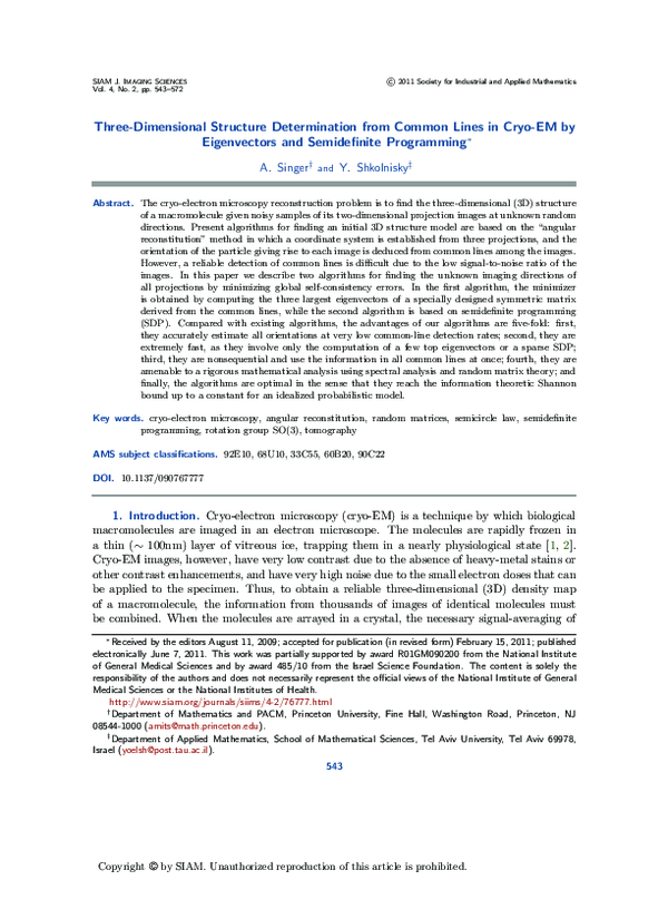 Pdf Three Dimensional Structure Determination From Common Lines In Cryo Em By Eigenvectors And
