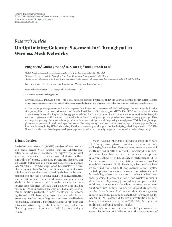 Pdf On Optimizing Gateway Placement For Throughput In Wireless Mesh Networks