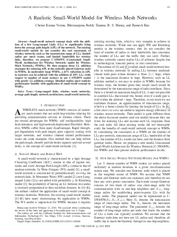 (PDF) A Realistic Small-World Model for Wireless Mesh Networks