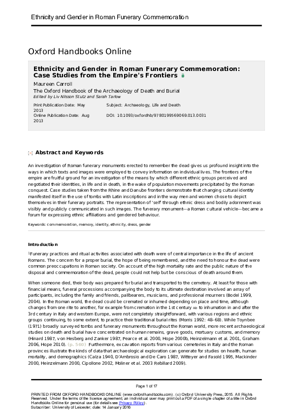 (PDF) Ethnicity and Gender in Roman Funerary Commemoration. Case ...