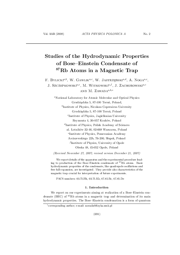(PDF) Studies of the Hydrodynamic Properties of Bose-Einstein Condensate of, 87Rb Atoms in a ...