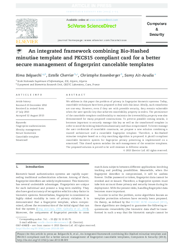 (PDF) An integrated framework combining Bio-Hashed minutiae template and PKCS15 compliant card ...