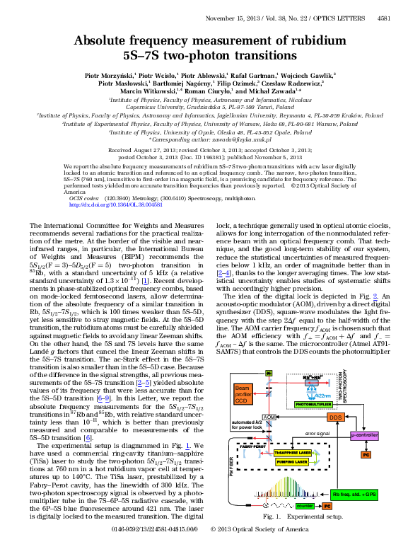 (PDF) Absolute frequency measurement of rubidium 5S-7S two-photon transitions