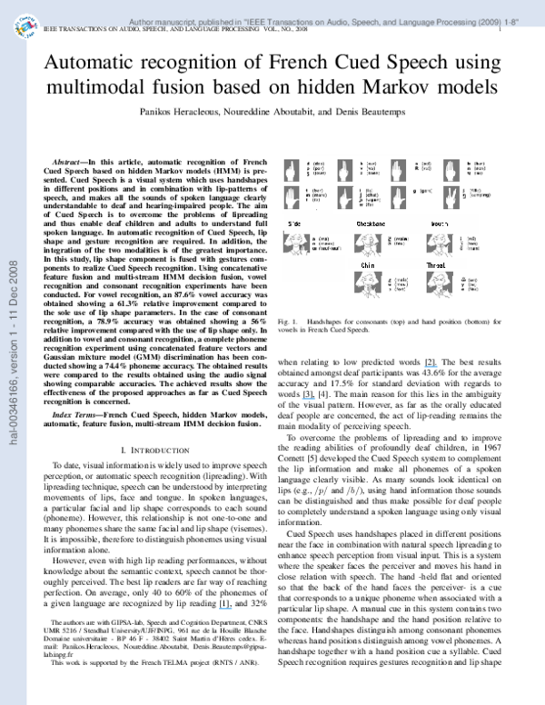 (PDF) Automatic recognition of French Cued Speech using multimodal fusion based on hidden Markov ...