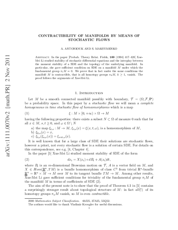 (PDF) Contractibility of manifolds by means of stochastic flows