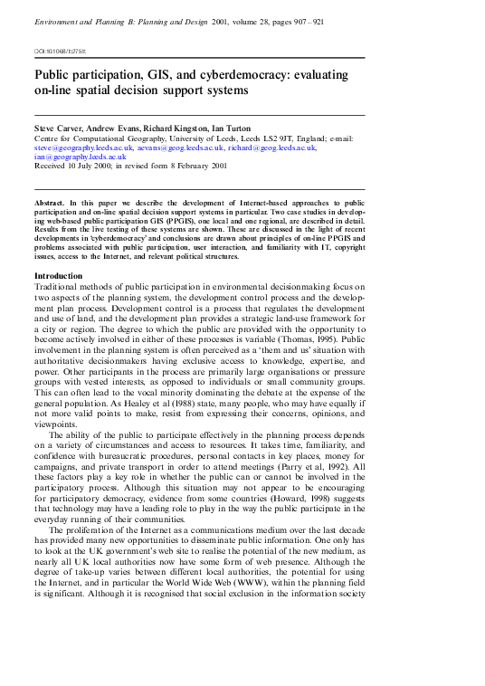 Pdf Public Participation Gis And Cyberdemocracy Evaluating On Line Spatial Decision Support
