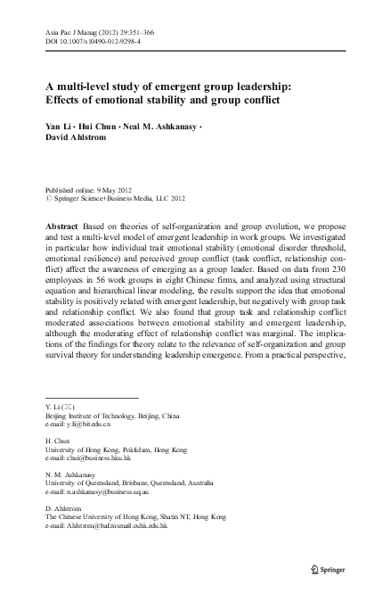 (PDF) A multi-level study of emergent group leadership: Effects of ...