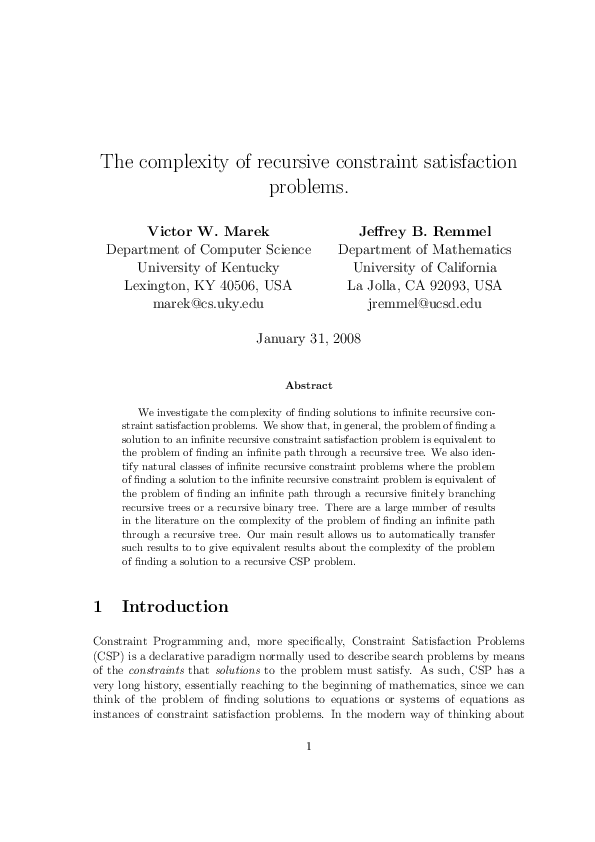 (PDF) The complexity of recursive constraint satisfaction problems