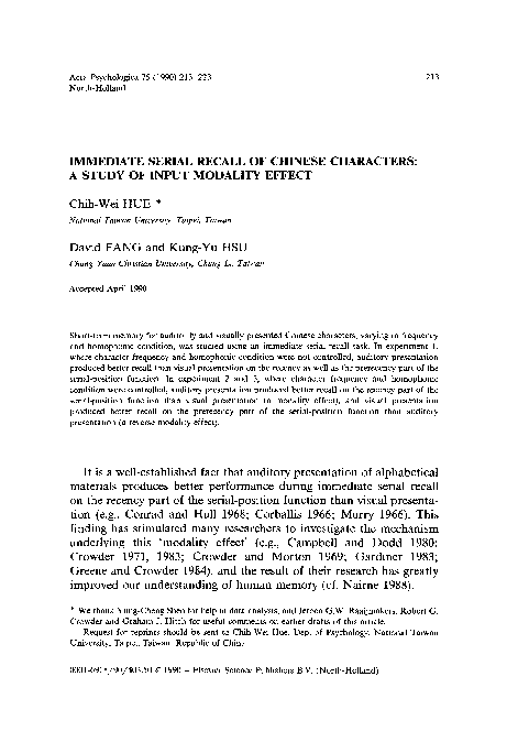 (PDF) Immediate serial recall of Chinese characters: A study of input modality effect