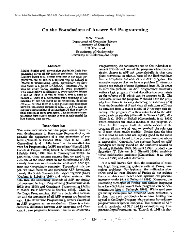 (PDF) On the Foundations of Answer Set Programming | Victor Marek ...