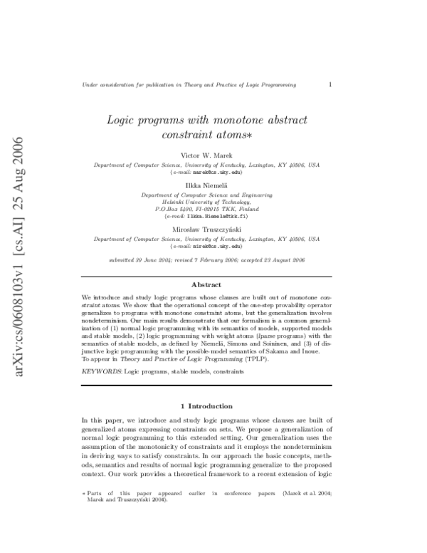 (PDF) Logic programs with monotone abstract constraint atoms