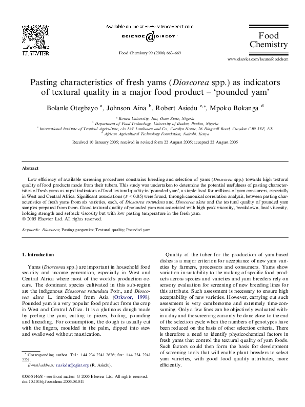 (PDF) Pasting characteristics of fresh yams (Dioscorea spp.) as ...