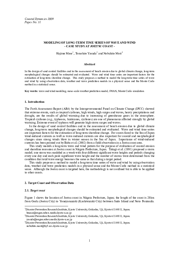 (PDF) MODELING OF LONG-TERM TIME SERIES OF WAVE AND WIND — CASE STUDY AT JOETSU COAST