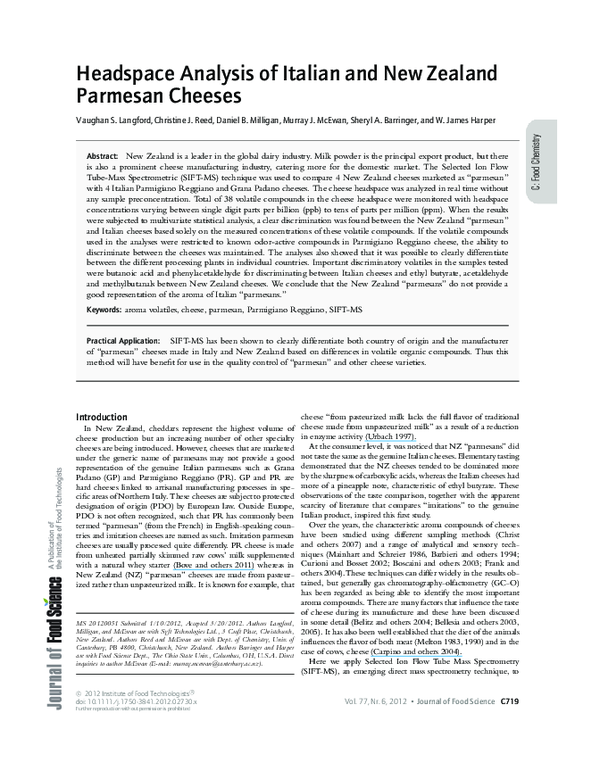 (PDF) Headspace Analysis of Italian and New Zealand Parmesan Cheeses